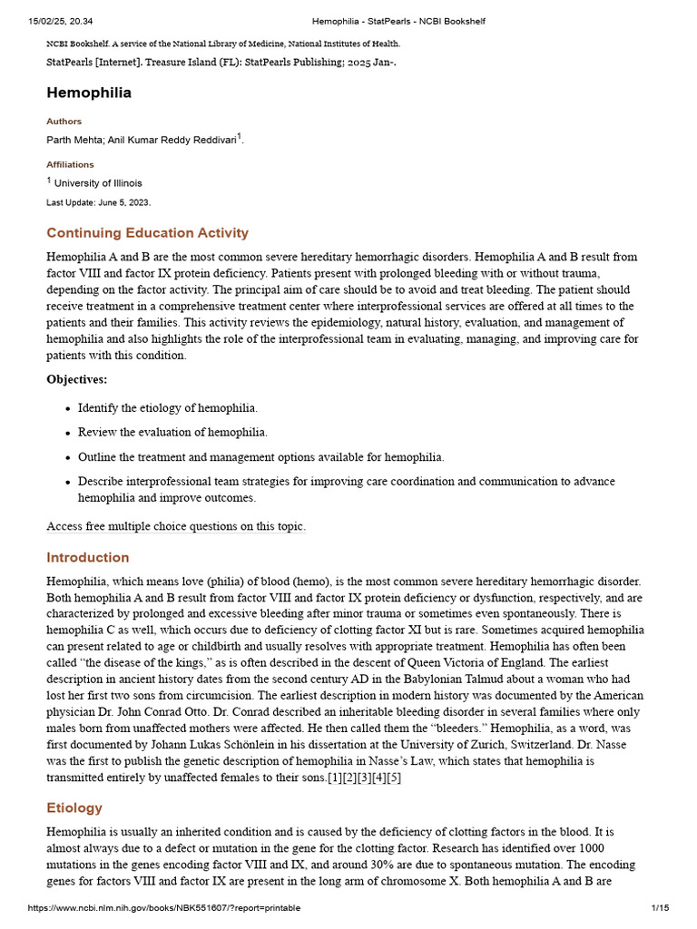 5 Hemophilia - StatPearls - NCBI Bookshelf | PDF | Haemophilia ...