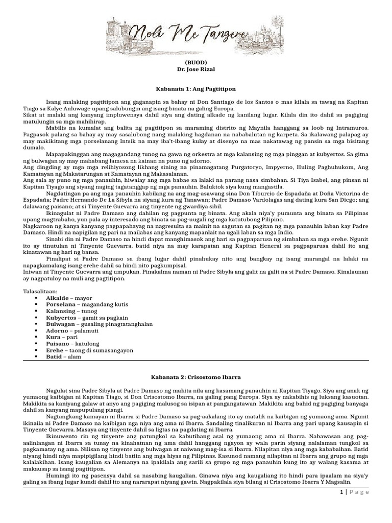 Noli Me Tangere Buod NG Kabanata 1 64 | PDF