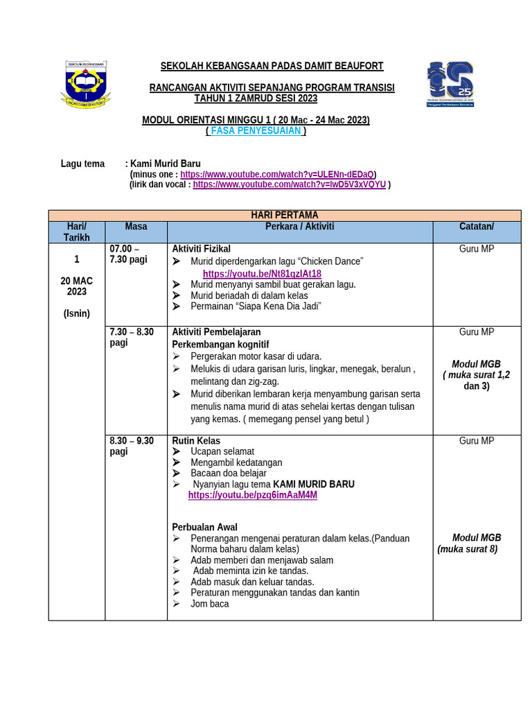 Jadual Transisi Tahun 1 2023 | PDF