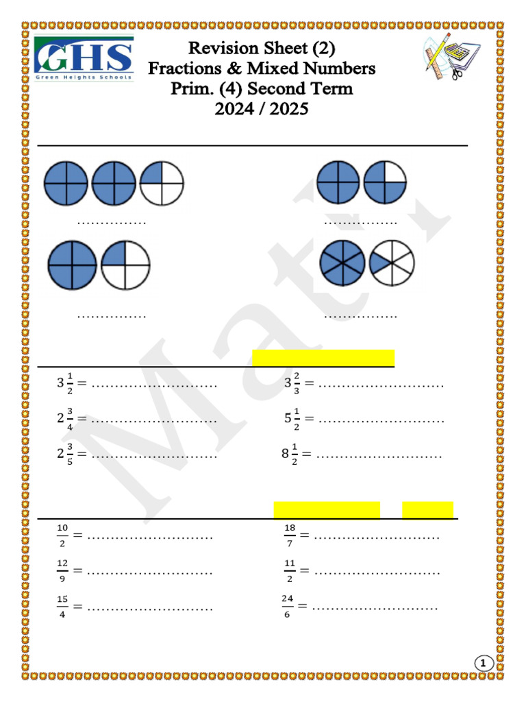 Math Revision Sheet (2) Fractions & Mixed Numbers & Model Answer Prim. (4) | PDF | Mathematical ...
