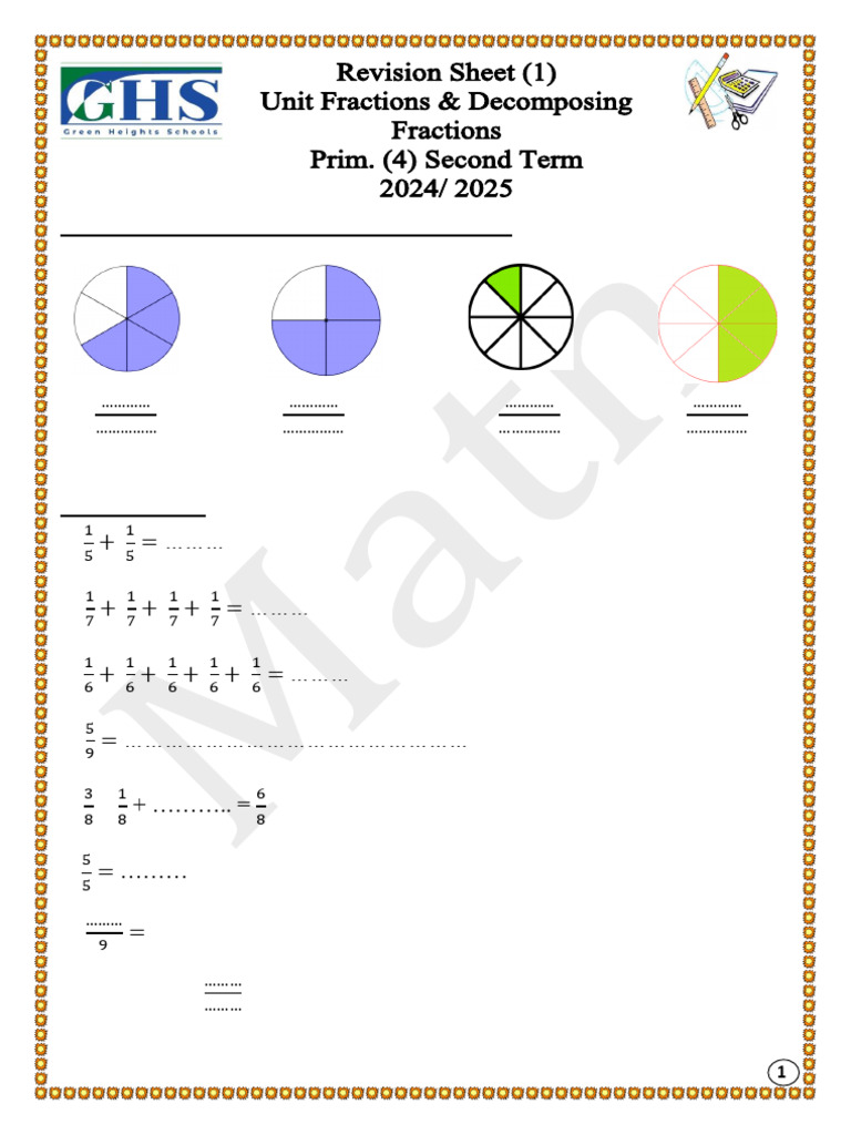 Math Revision Sheet (1) Unit Fractions & Decomposing Fractions & Model ...