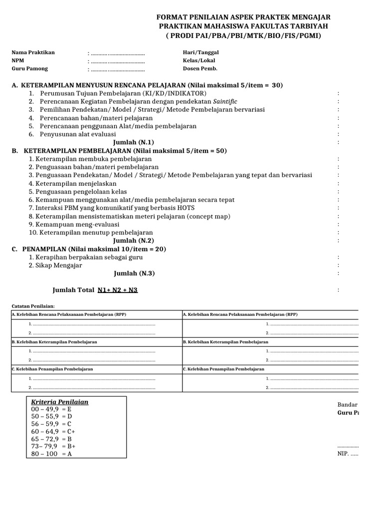 Form Penilaian Utk Prodi Ke Tarbiyahan | PDF