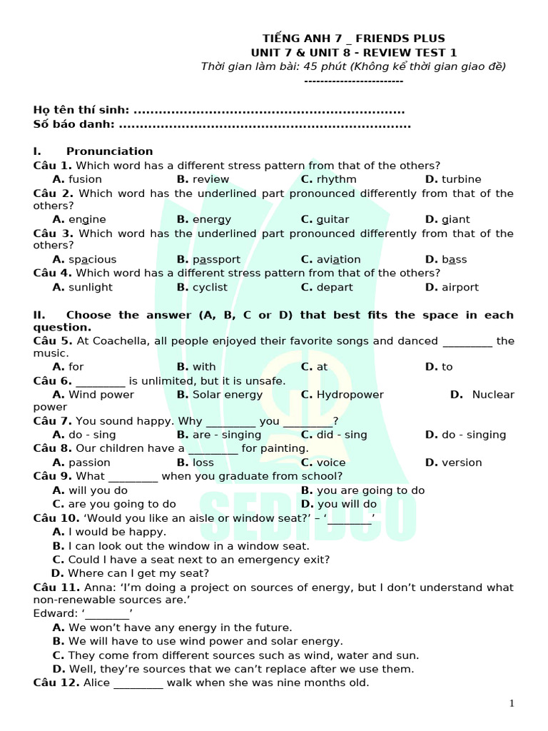 Tieng Anh 7 Friends Plus - Unit 7&8 Review - Test 1 | PDF | Fuels ...