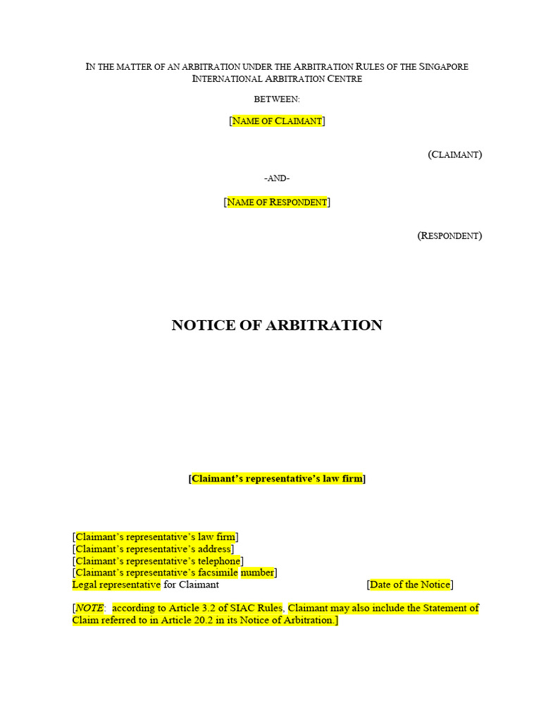 Model SIAC Notice of Arbitration | PDF | Arbitration | Damages