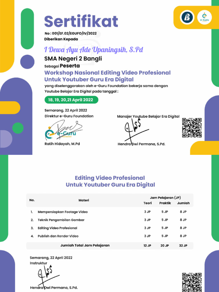 Sertifikat I Dewa Ayu Ade Upaningsih, S.pd Workshop Editing Video | PDF