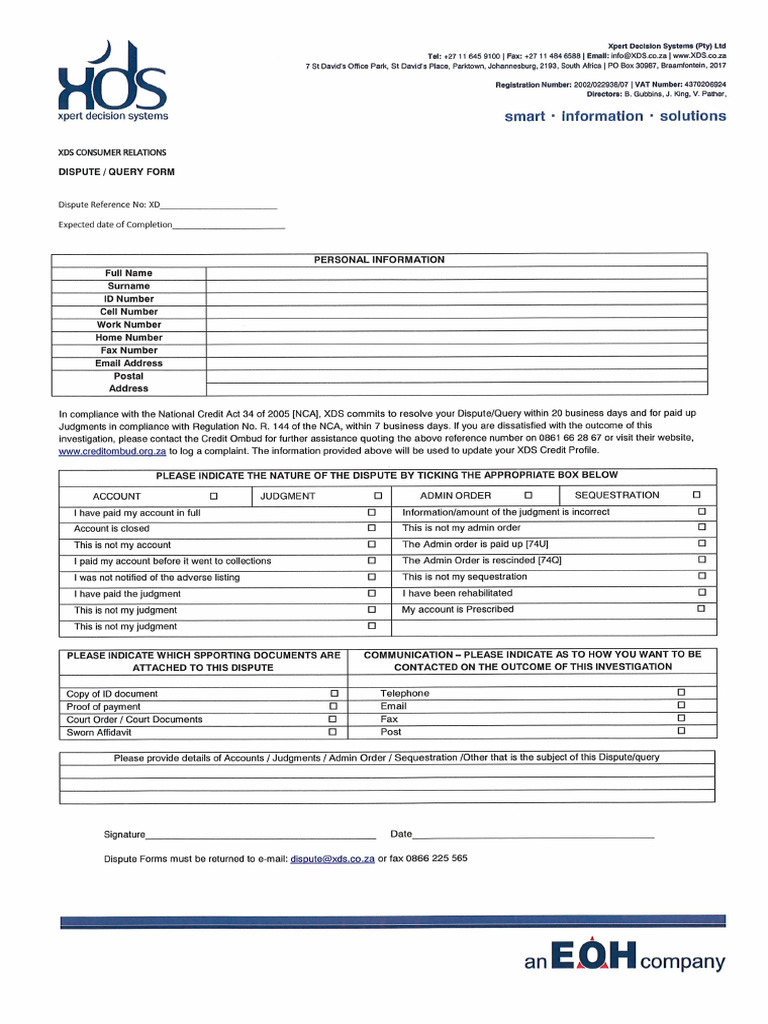 Xds Dispute Form | PDF