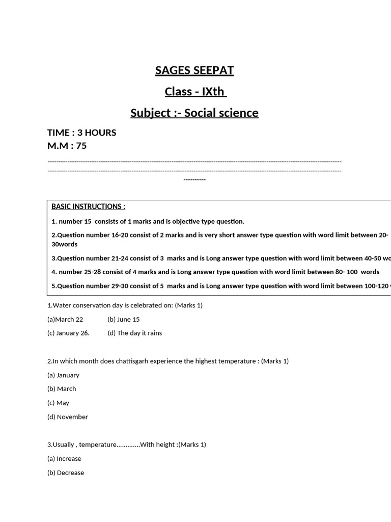 Class 9 Social Science Exam Guide | PDF
