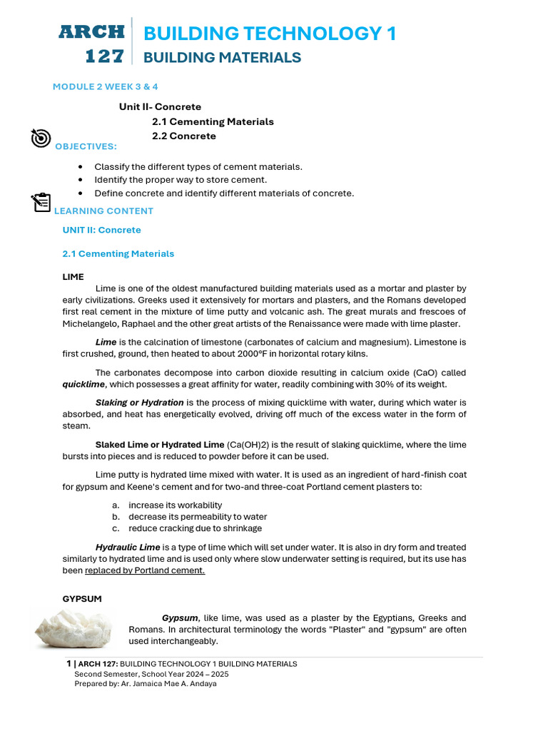 ARCH 127 BUILDING TECHNOLOGY 1 MODULE 2 Week 3 4 | PDF | Lime (Material ...