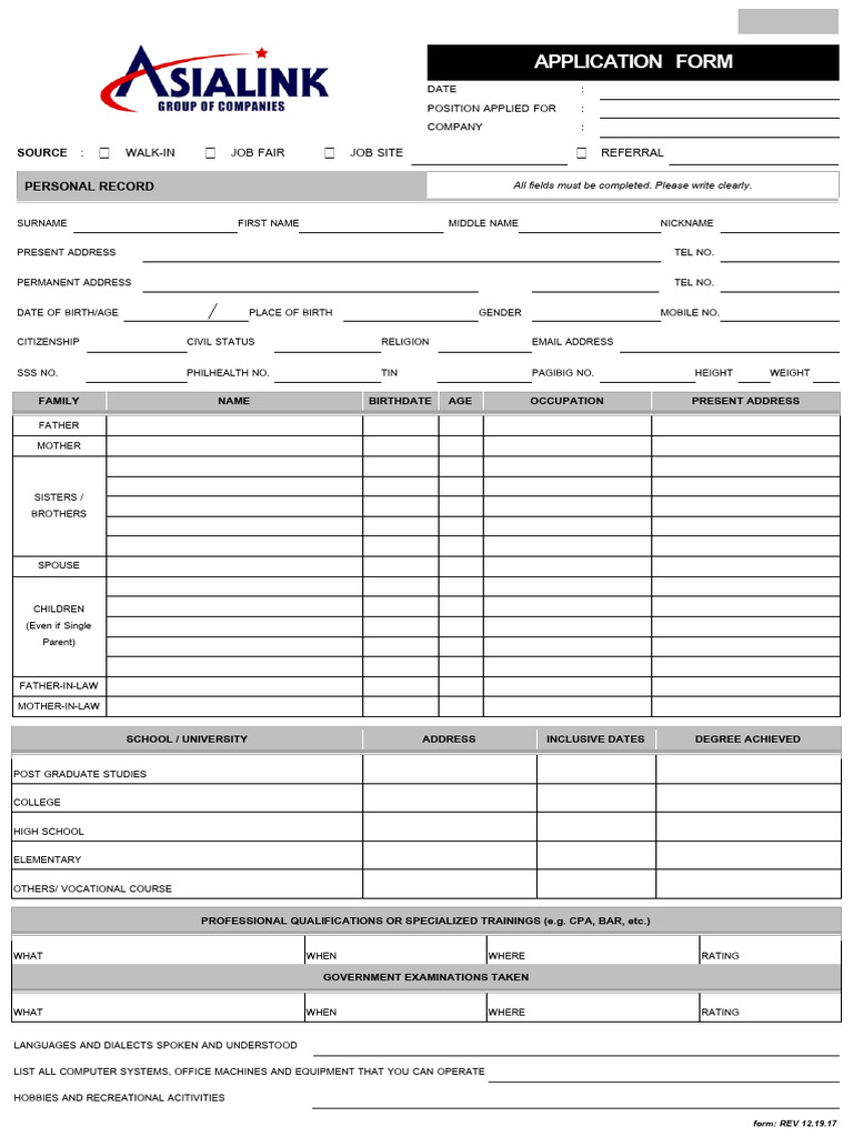 Hr File Application Form Fillable Pdf
