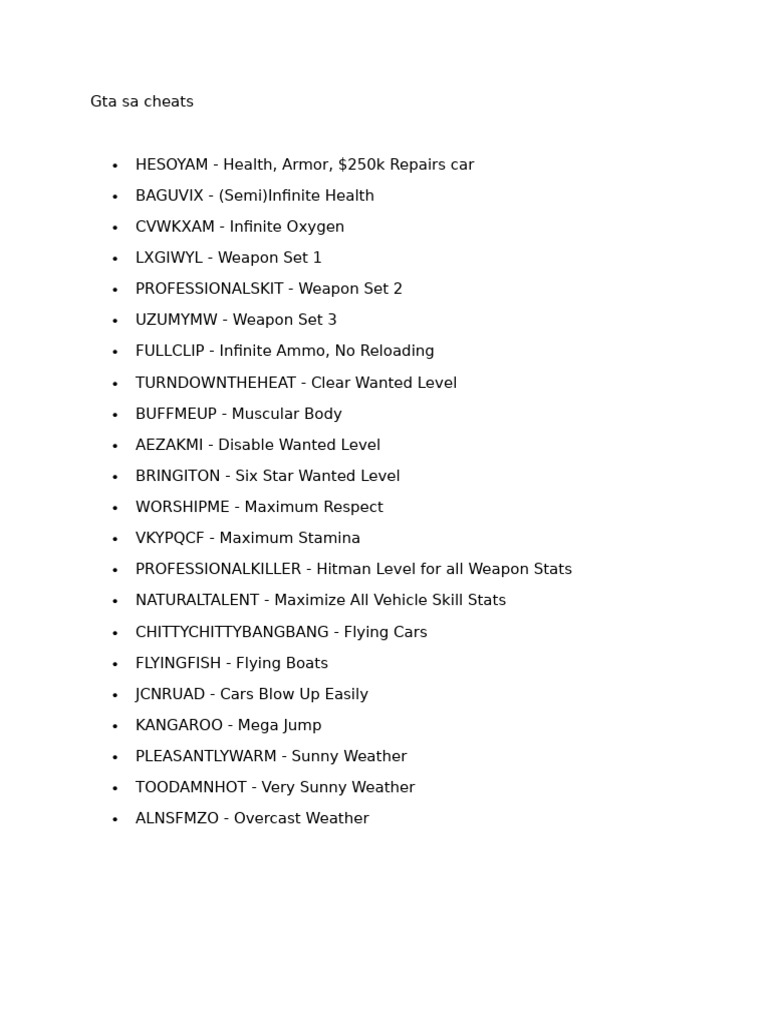 Gta Sa Cheats | PDF