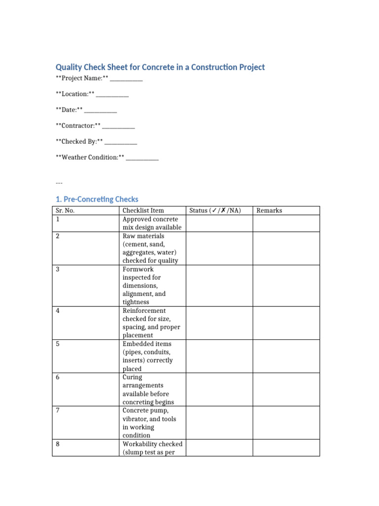 Concrete Quality Control Checklist | PDF | Concrete | Building Technology