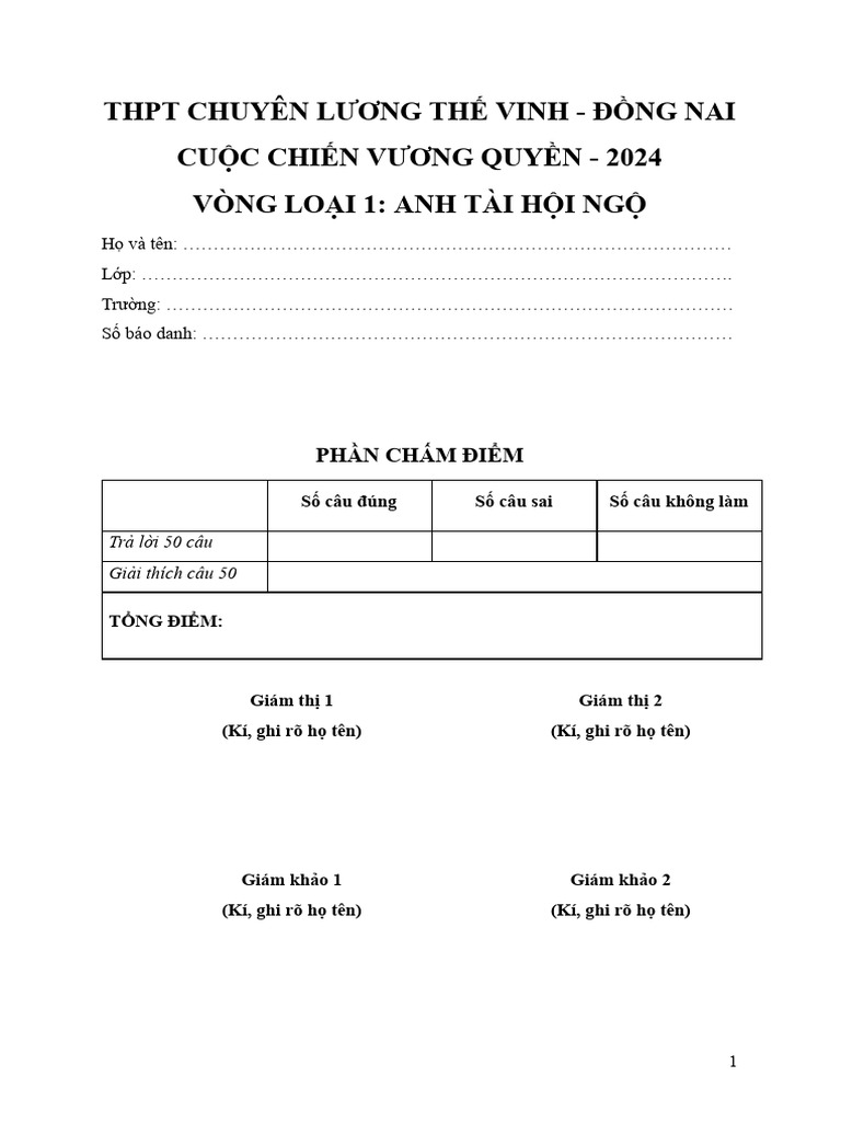 Ccvq2024 - Đề Thi Vl1 - Anh Tài Hội Ngộ | PDF