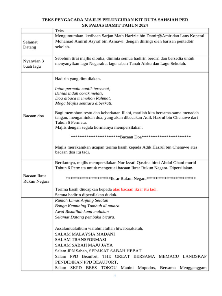 TEKS PENGACARA MAJLIS PELUNCURAN DUTA SAHSIAH SK PADAS DAMIT 2024 | PDF