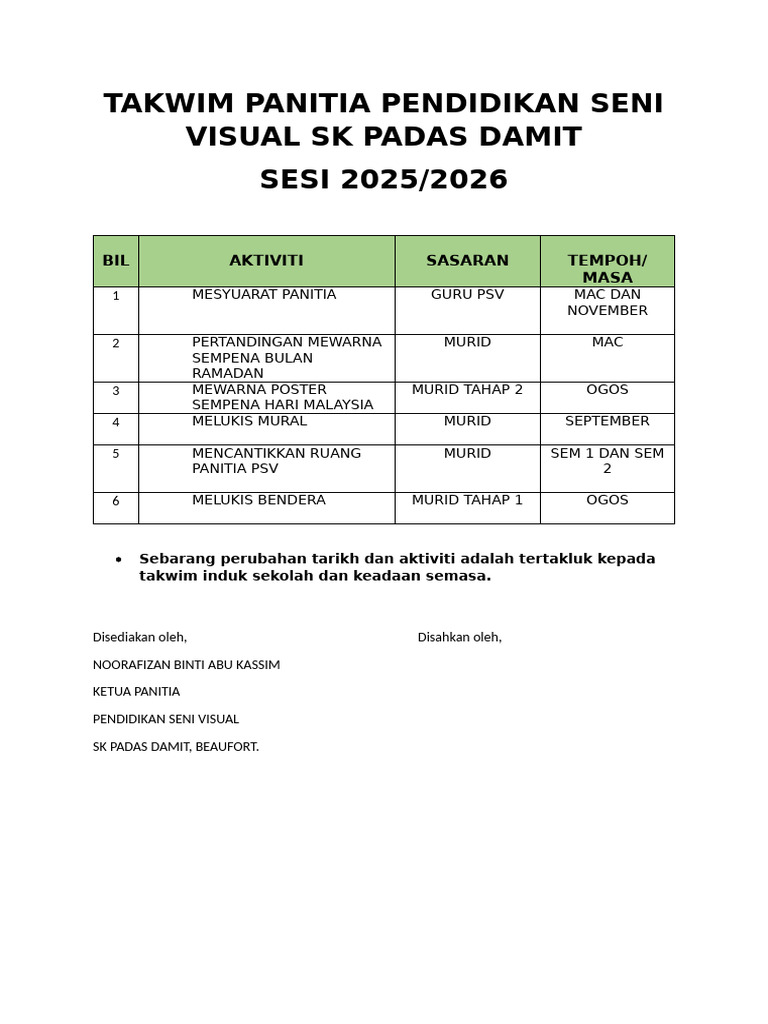 Takwim Panitia Pendidikan Seni Visual SK Padas Damit | PDF