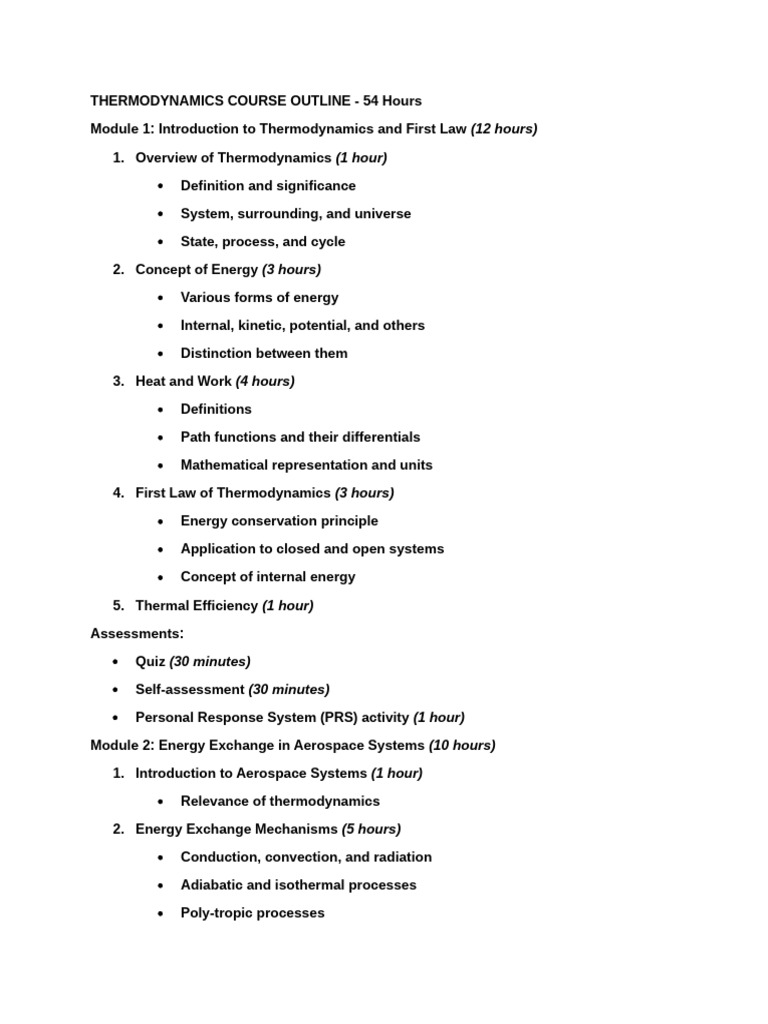 THERMODYNAMICS COURSE OUTLINE PDF 1 | PDF | Heat | Thermodynamics