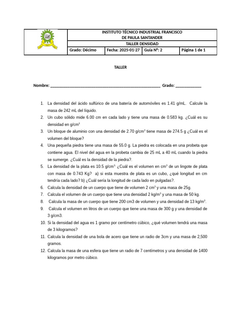 Taller de Cálculo de Densidad | PDF