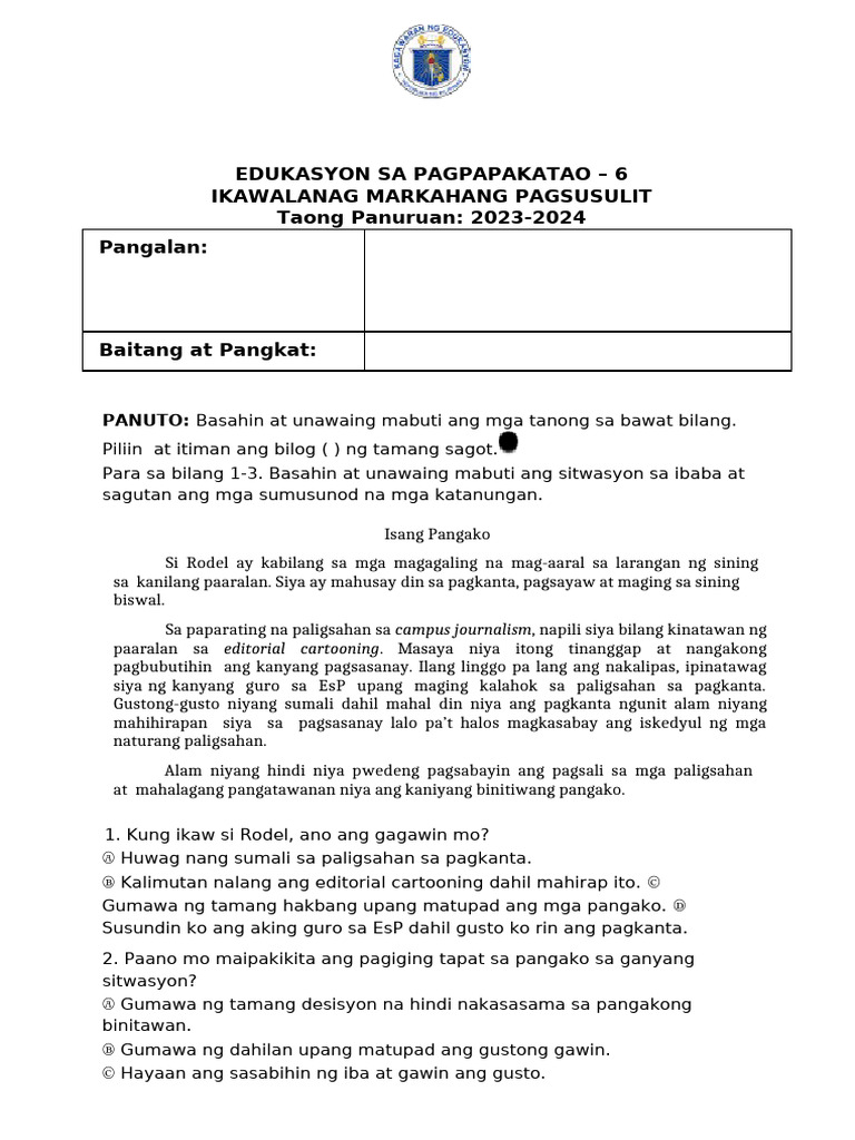 EsP TQ Q2 For Grade6 | PDF