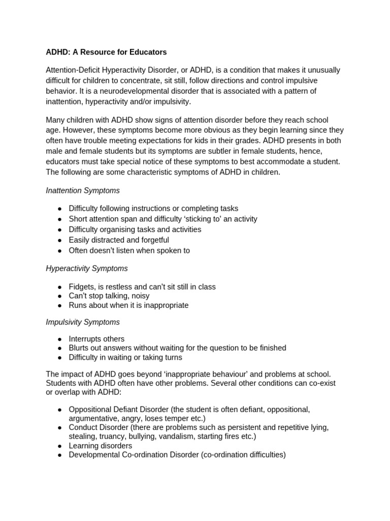 ADHD: A Resource For Educators | PDF | Attention Deficit Hyperactivity ...