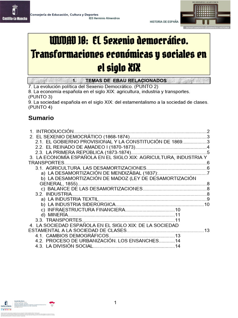 Unidad 10 El Sexenio Democrático. Las Transformaciones Económicas y Sociales Del Siglo Xix | PDF ...
