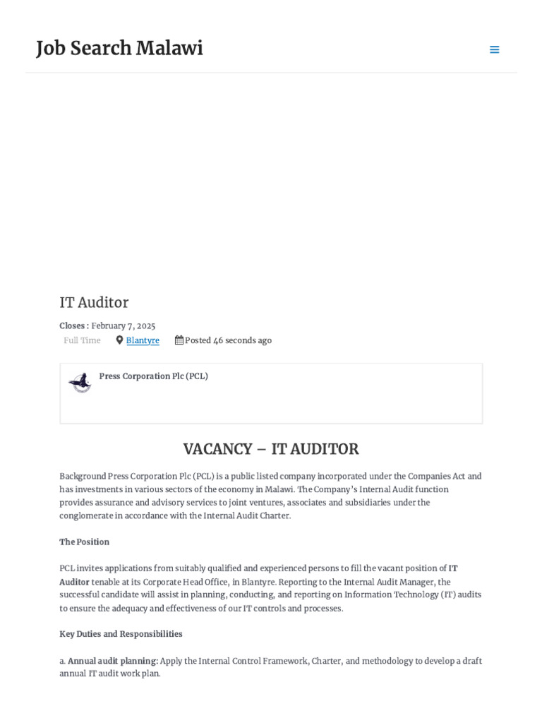 IT Auditor - Job Search Malawi | PDF | Internal Audit | Audit