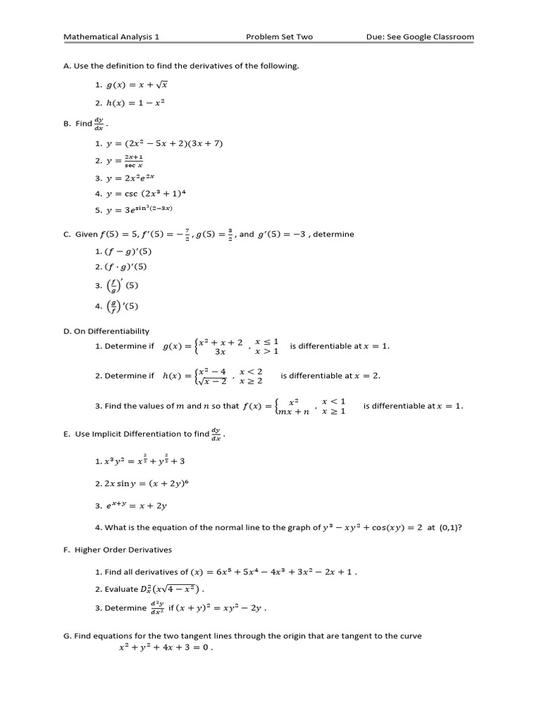 Calculus Problem Set: Derivatives & Differentiability | PDF