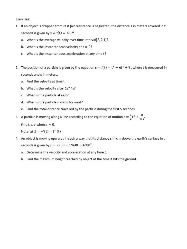 Math 101 Rectilinear Motion Exercise | PDF