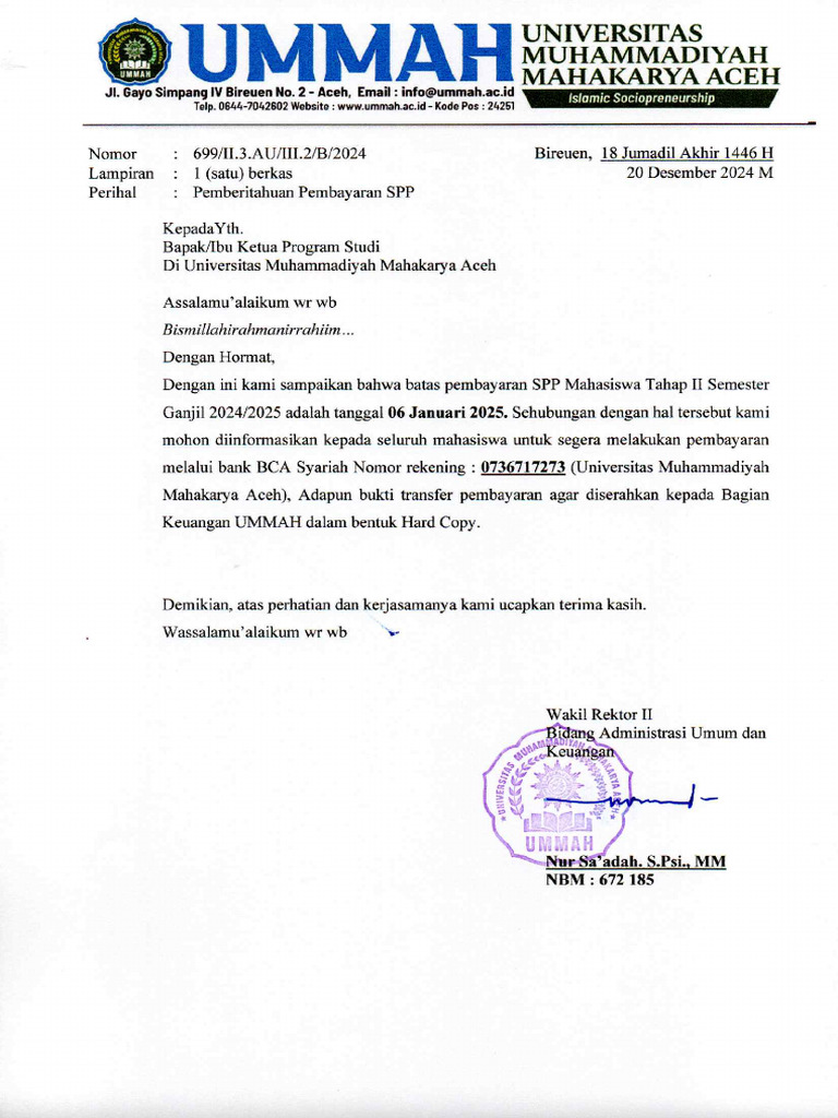 Pemberitahuan Pembayaran SPP Tahap II Tahun 2024 UMMAH | PDF