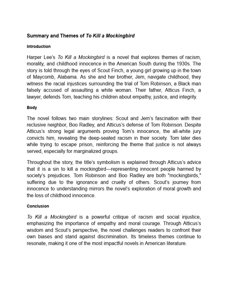 Summary and Themes of To Kill A Mockingbird | PDF