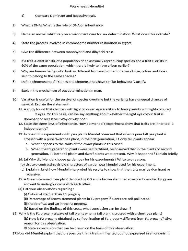 Heredity__worksheet_(1) | PDF | Heredity | Dominance (Genetics)