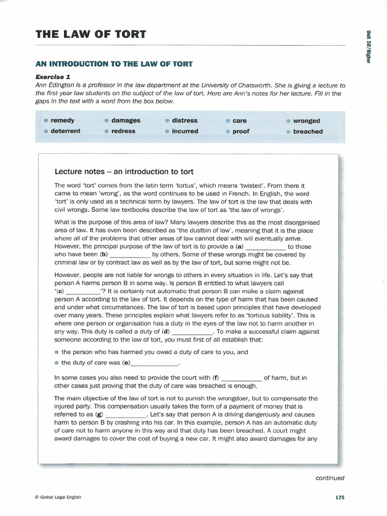 Introduction To The Law of Tort (Source - The Lawyers English Language ...