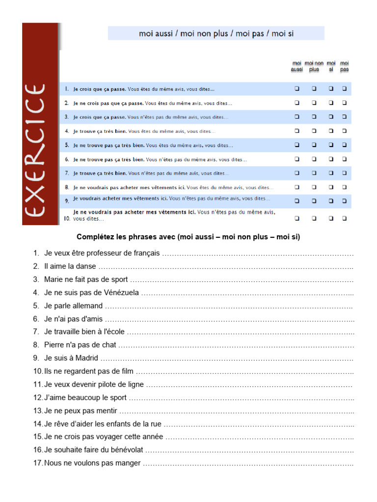 Exercices de français : Moi aussi, moi non plus | PDF