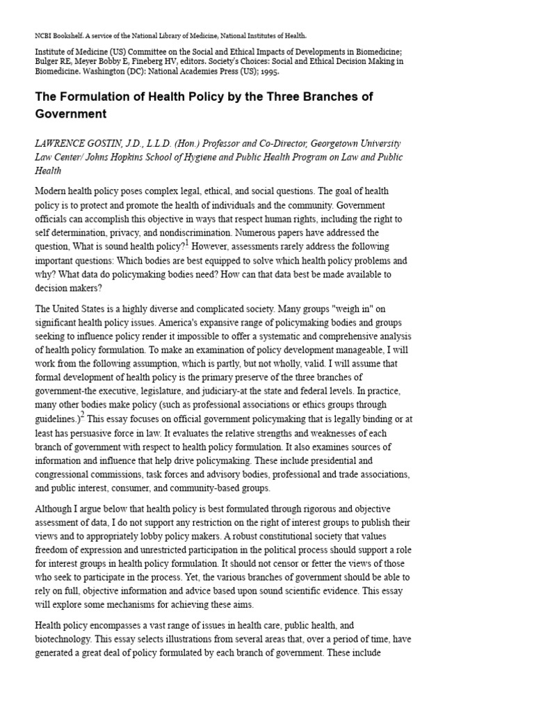 Rev The Formulation of Health Policy by The Three Branches of ...