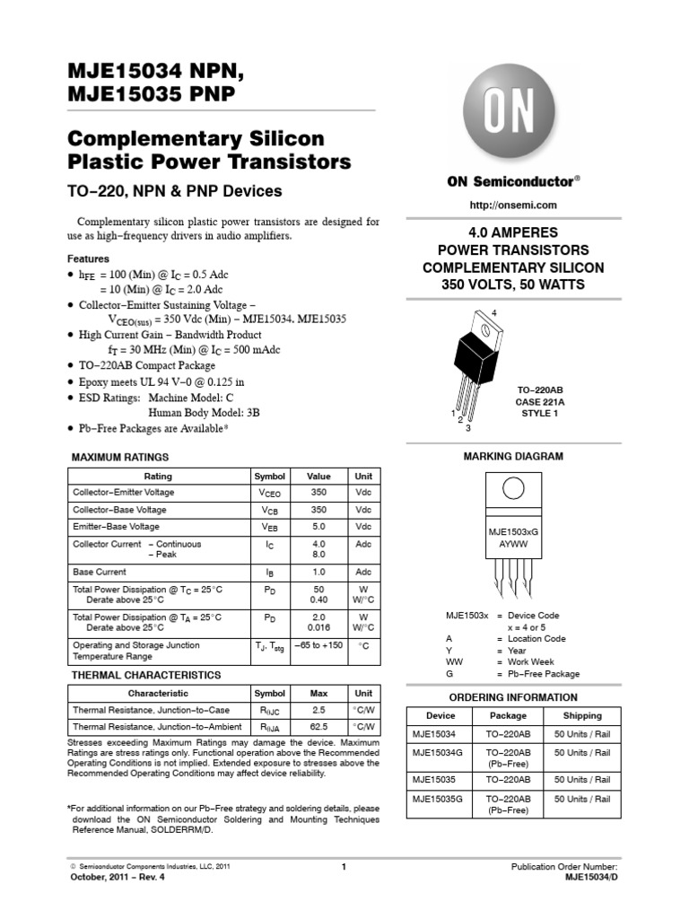 mje15034g | PDF | Bipolar Junction Transistor | Analog To Digital Converter