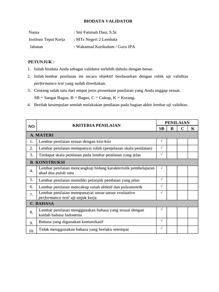 LEMBAR UJI VALIDASI - Ahli Materi | PDF
