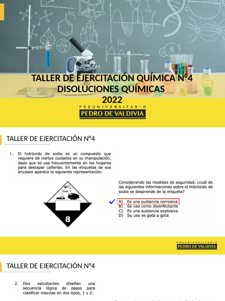Pauta Taller de Ejercitación Nº4 (PPT) - Disoluciones Químicas 2022 | PDF