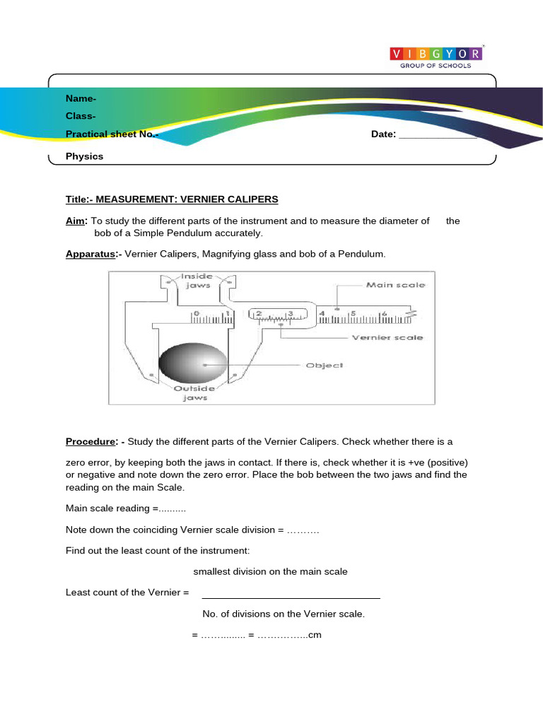 Practical Sheet - Practical 4 Vernier Calliper | PDF