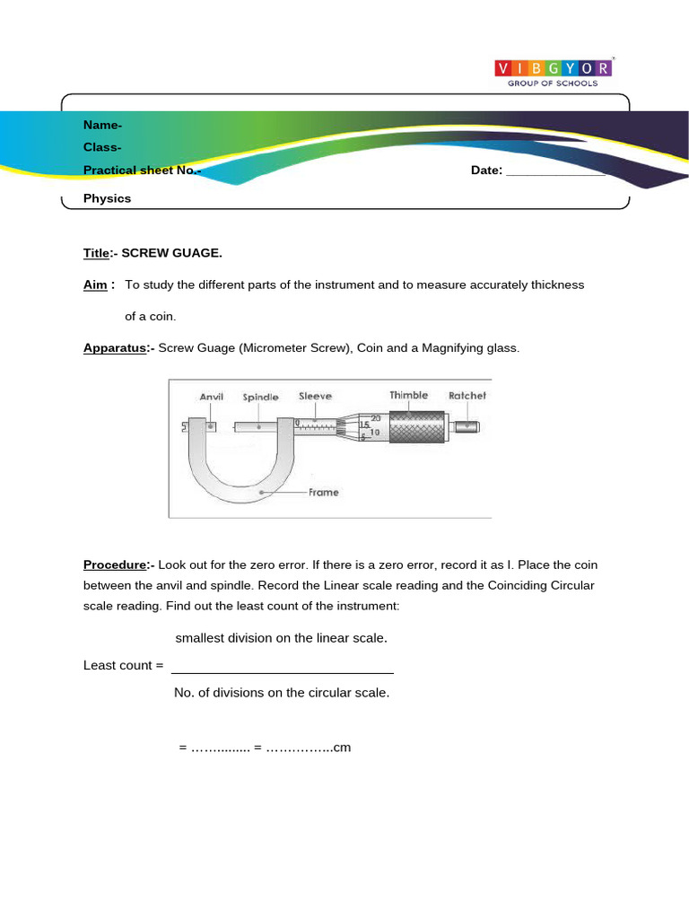 Practical Sheet - Practical 4 Screw Guage | PDF
