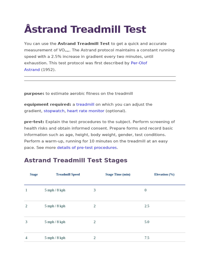 Åstrand Treadmill Test Protocol | PDF | Physical Fitness | Physical ...