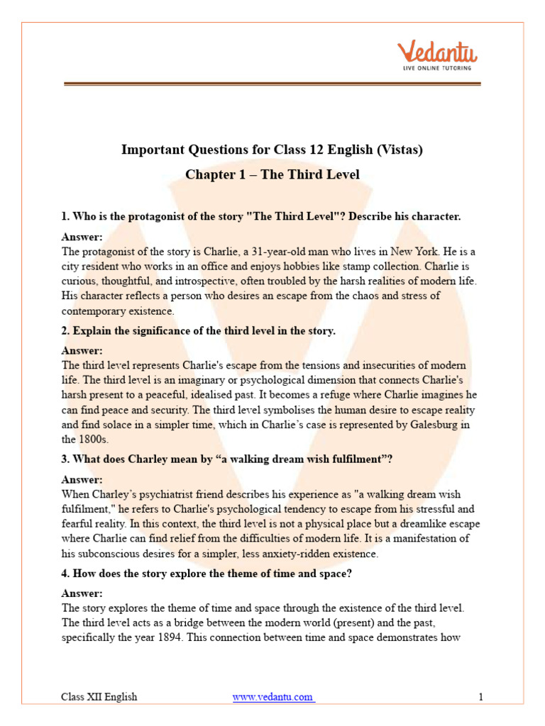Class 12 English Chapter 1 The Third Level Important Questions PDF | PDF | Psychology ...