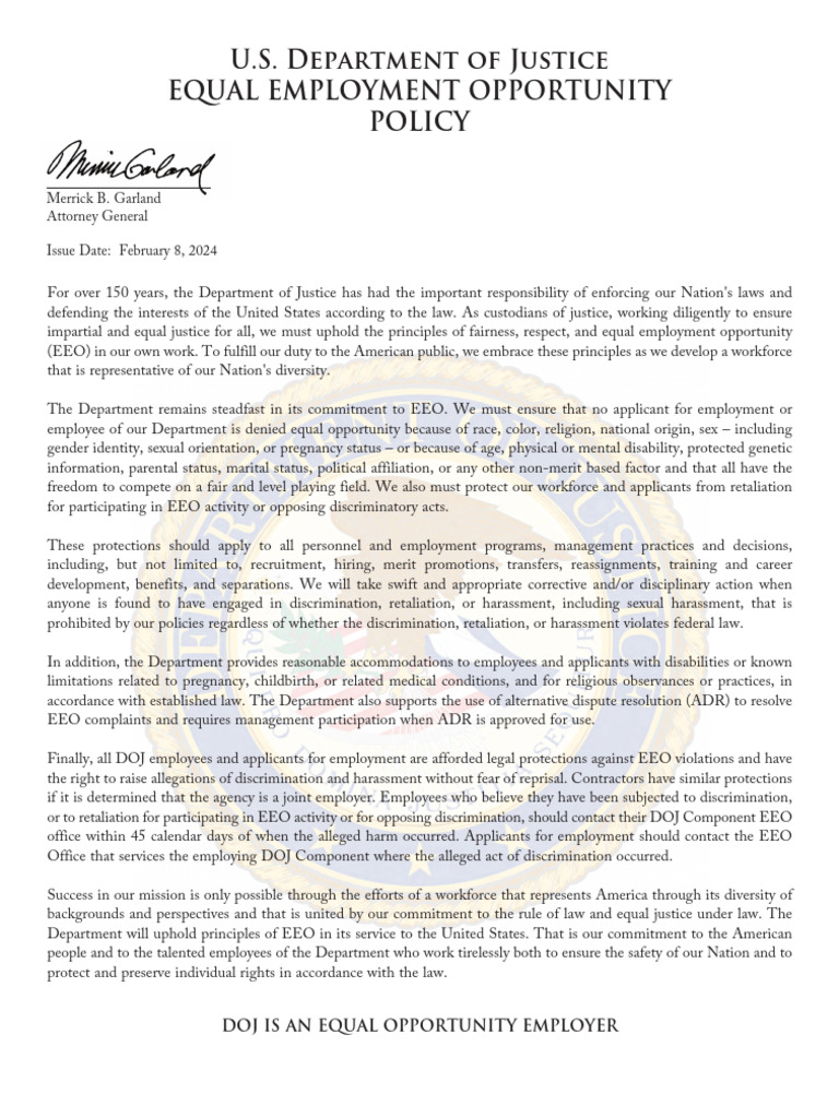 DOJ Equal Employment Opportunity Policy | PDF | Discrimination | Harassment
