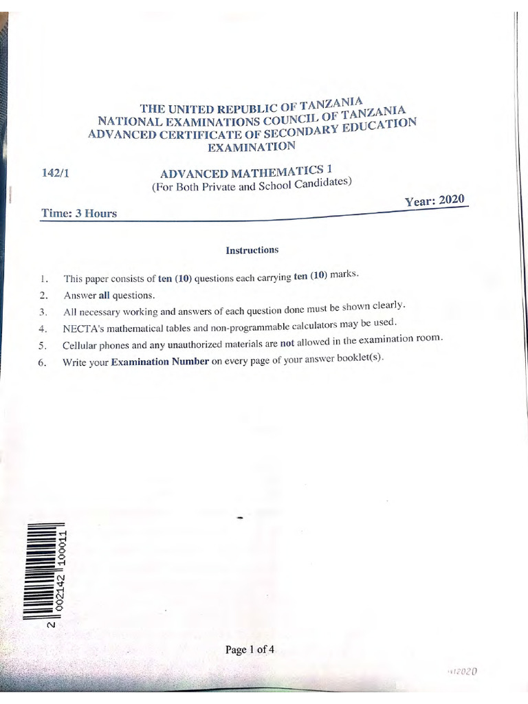 Advanced Math 1 - F6 - 2020 | PDF