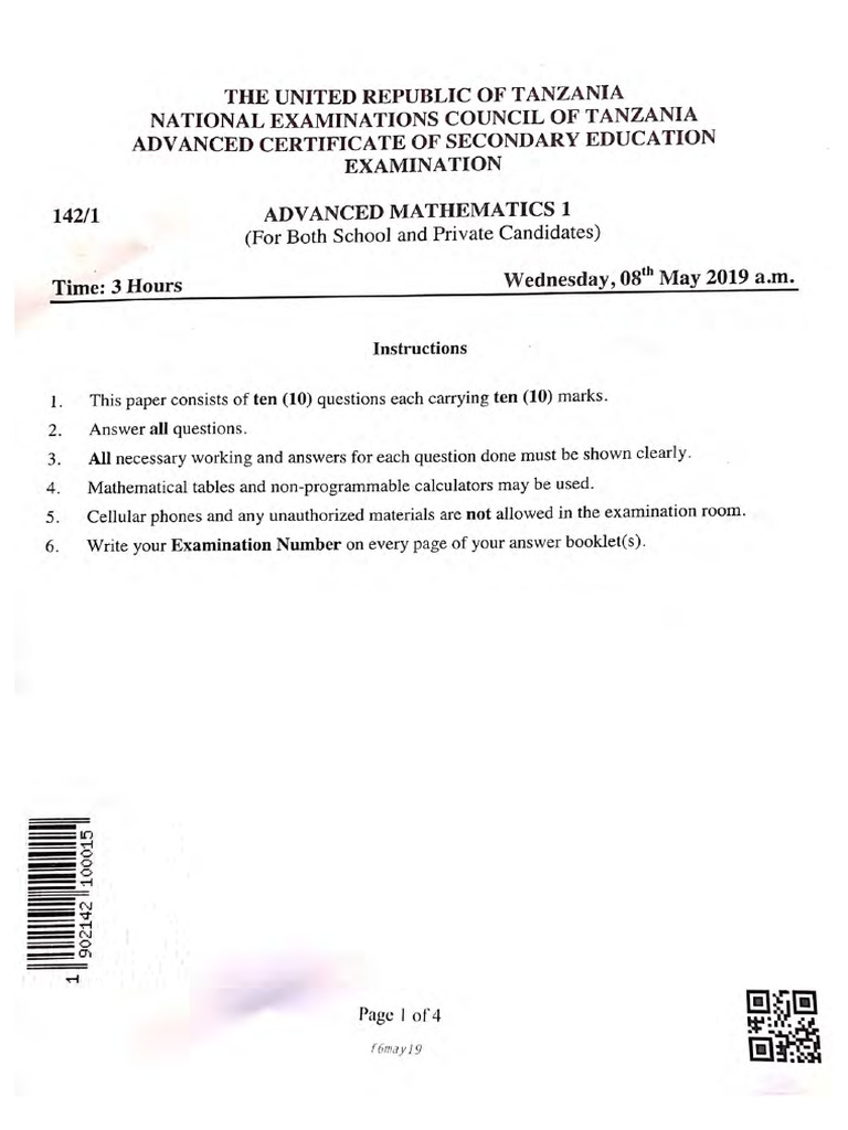 Advanced Math 1 - F6 - 2019 | PDF