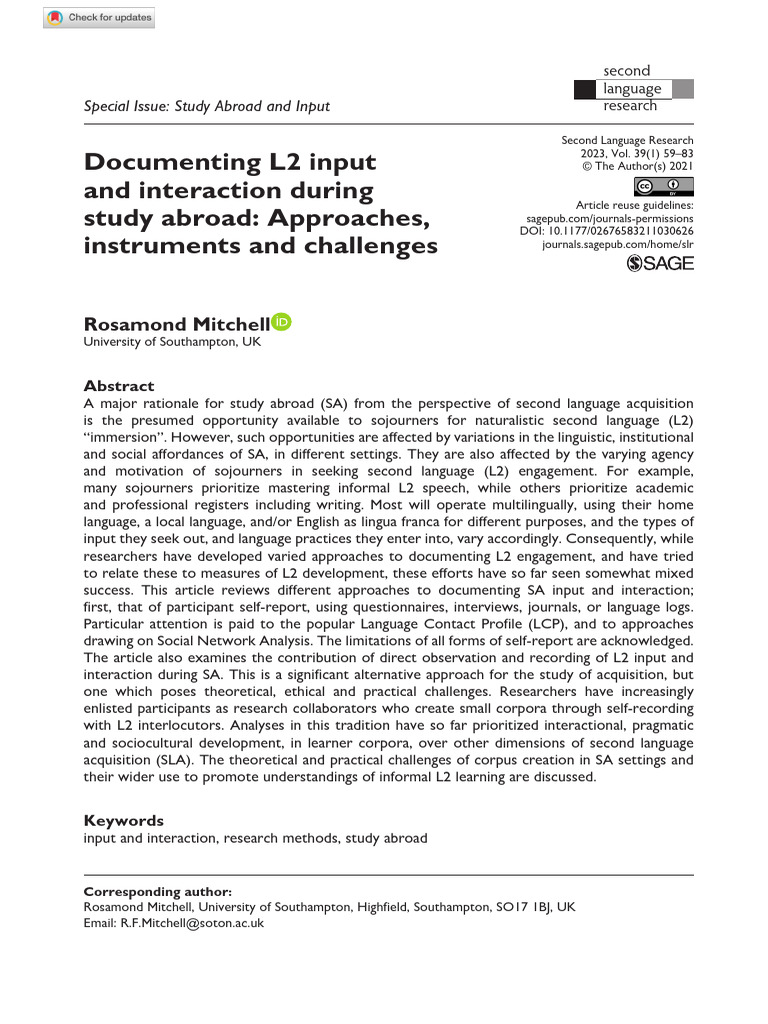 Mitchell 2021 Documenting l2 Input and Interaction During Study Abroad Approaches Instruments ...