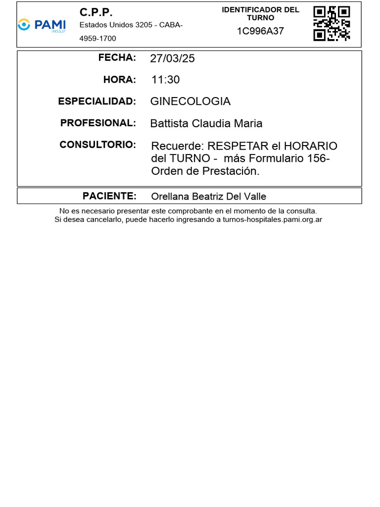 PAMI-Constancia Turno Confirmado | PDF