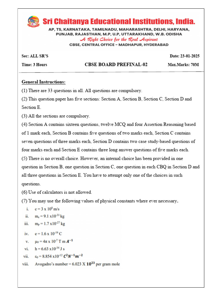 Cbse All SR'S Prefinal-2 Physics QP 23-01-2025 | PDF | Magnetic Field | Refractive Index