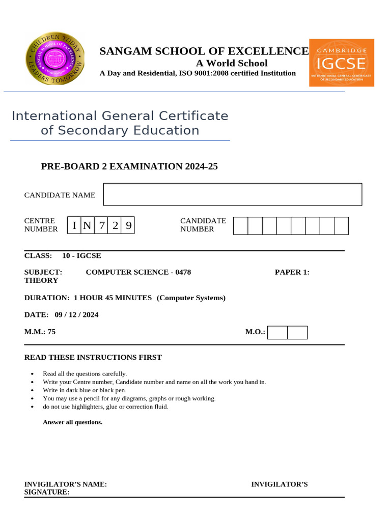 10 Igcse CS Paper 1 QP Pre Board 2 Exam 2024-25 | PDF | Central ...