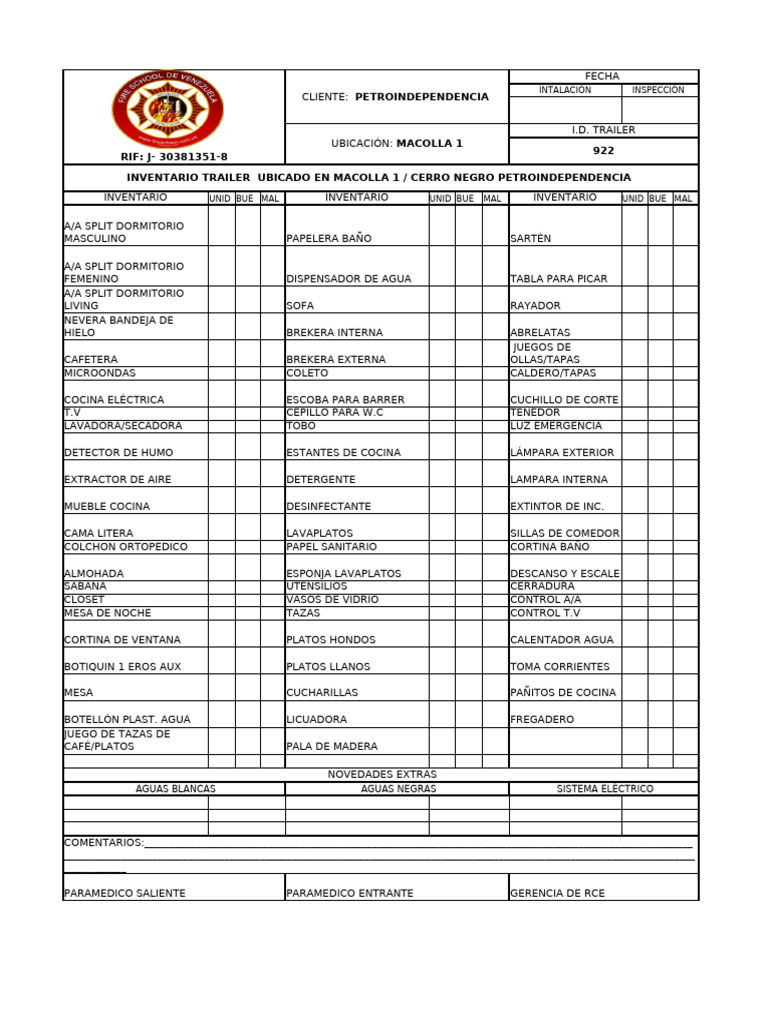 Copia de Planilla Check List Inspeccion Trailer FSV | PDF | Cocina | Inicio