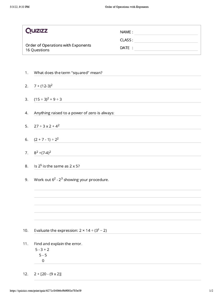 Order of Operations With Exponents | PDF