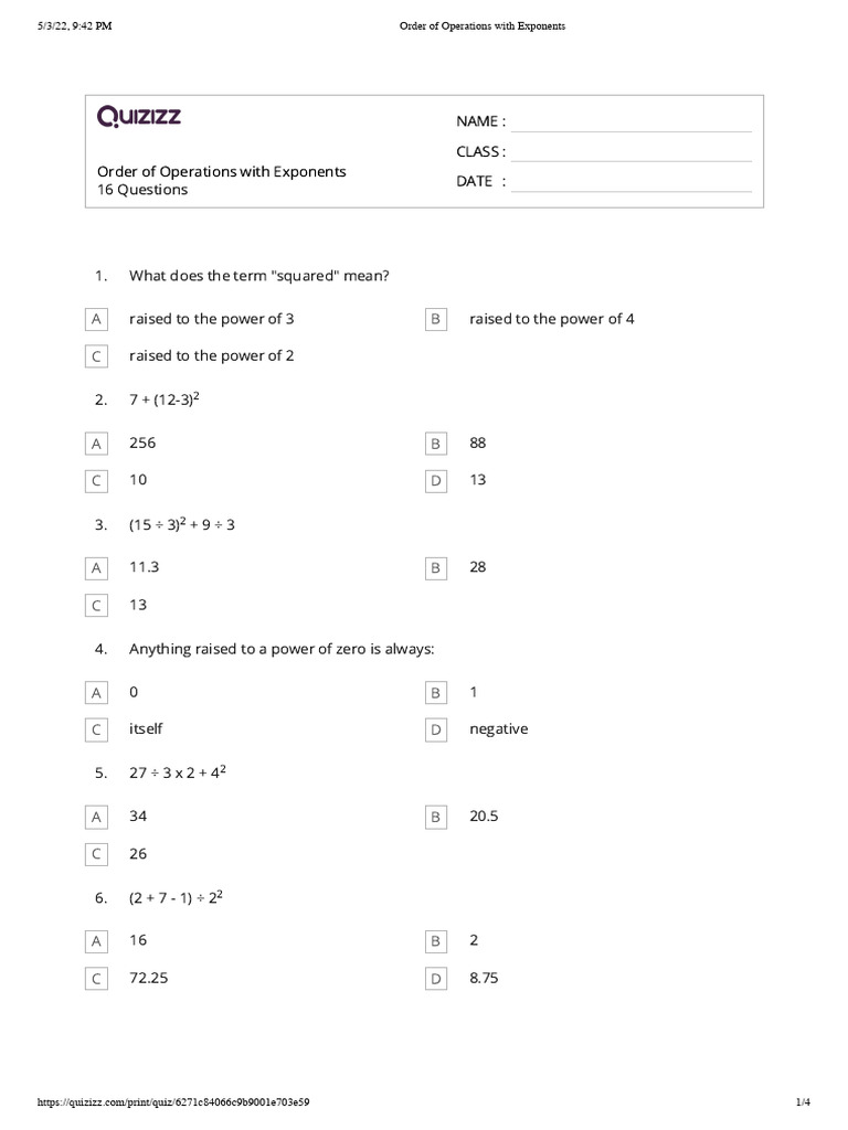 Order of Operations With Exponents - ANSWERS | PDF | Mathematics ...