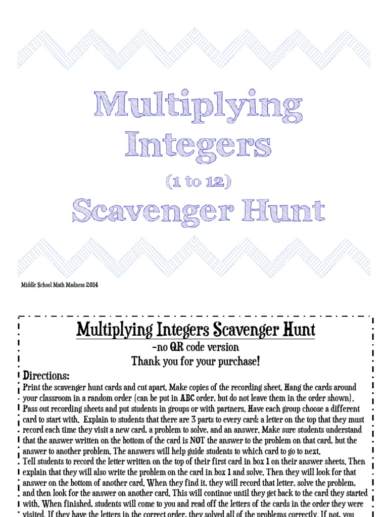 Multiplying Integers Scavenger Hunt | PDF